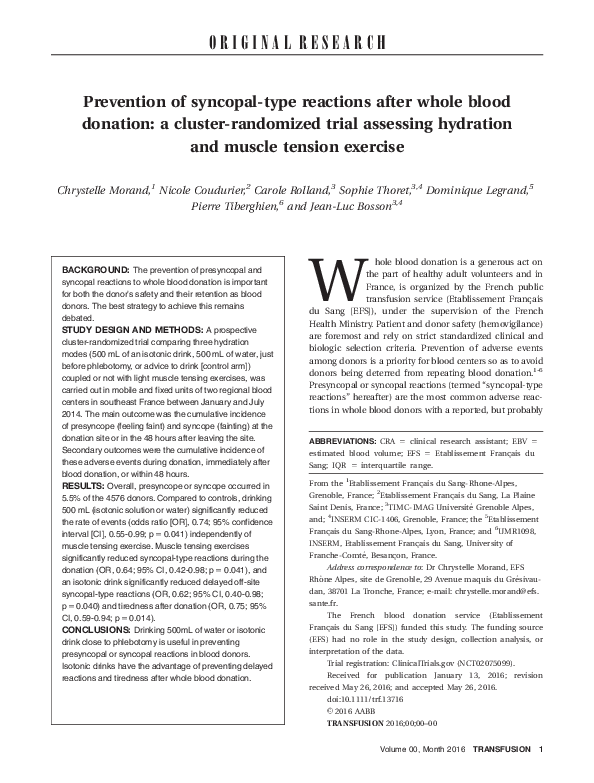 (PDF) Prevention of syncopal-type reactions after whole blood donation ...