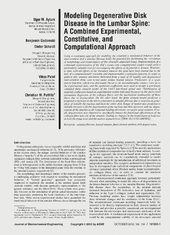 (PDF) Modeling Degenerative Disk Disease in the Lumbar Spine: A Combined Experimental ...