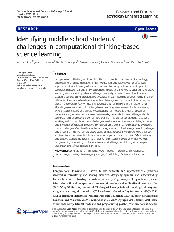 (PDF) Identifying middle school students’ challenges in computational thinking-based science ...