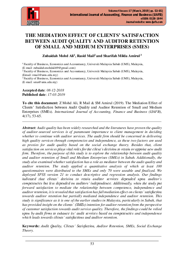 (PDF) The Mediation Effect of Clients’ Satisfaction Between Audit ...
