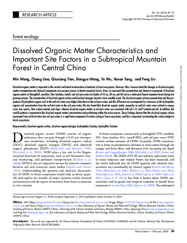 (PDF) Dissolved Organic Matter Characteristics and Important Site Factors in a Subtropical ...