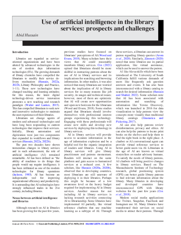 (PDF) Use of artificial intelligence in the library services: prospects ...