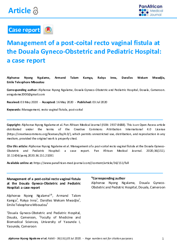 (PDF) Management of a post-coital recto vaginal fistula at the Douala ...