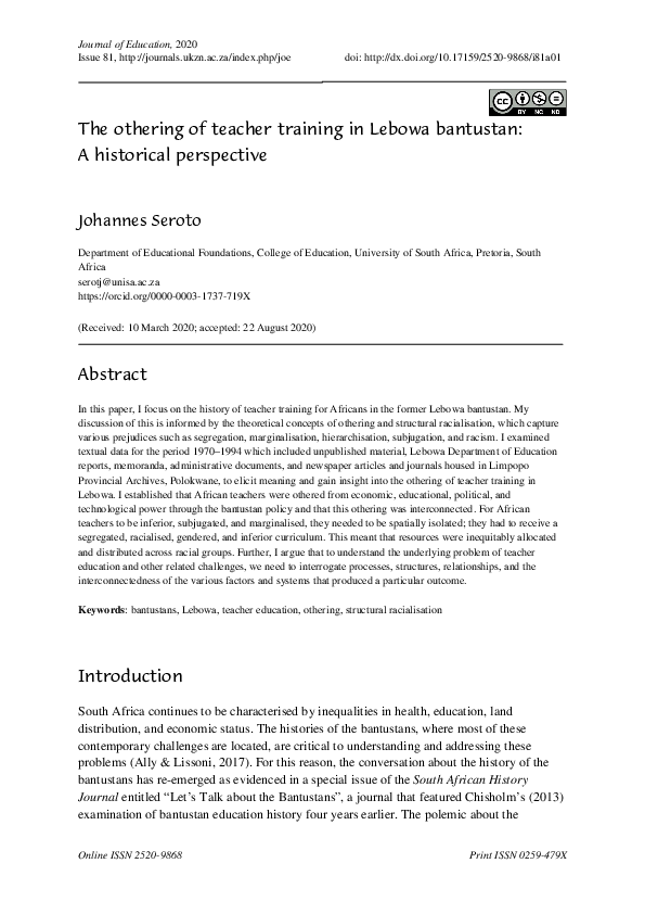 (PDF) The othering of teacher training in Lebowa bantustan: A ...