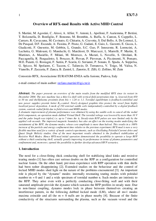 (PDF) Overview of RFX-mod results with active MHD control