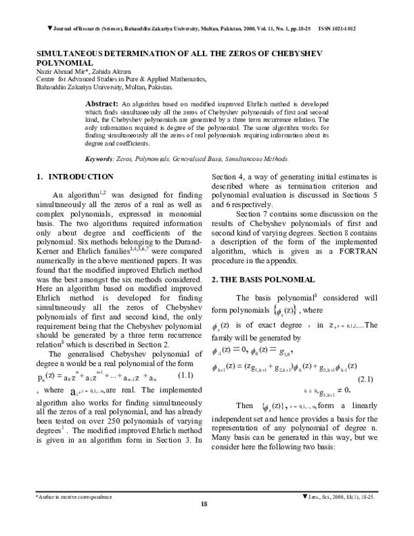 Pdf Simultaneous Determination Of All The Zeros Of Chebyshev Polynomial 7673