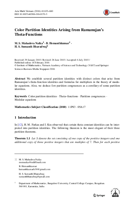 Pdf Color Partition Identities Arising From Ramanujans Theta Functions
