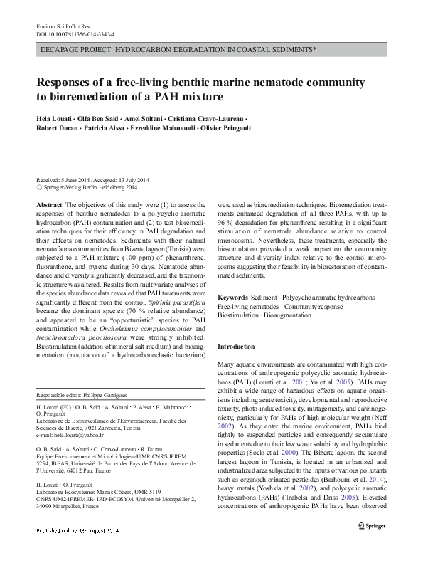 (PDF) Responses of a free-living benthic marine nematode community to ...