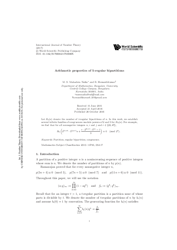 (PDF) Arithmetic properties of 5-regular bipartitions