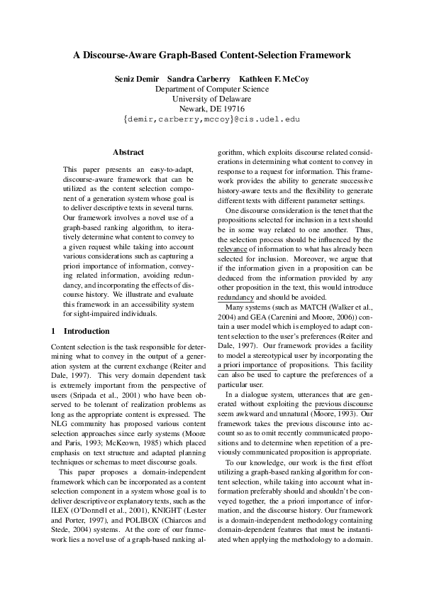 (PDF) A discourse-aware graph-based content-selection framework