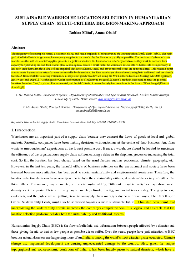 (DOC) SUSTAINABLE WAREHOUSE LOCATION SELECTION IN HUMANITARIAN SUPPLY ...