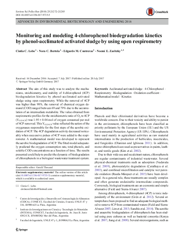 (PDF) Monitoring and modeling 4-chlorophenol biodegradation kinetics by phenol-acclimated ...