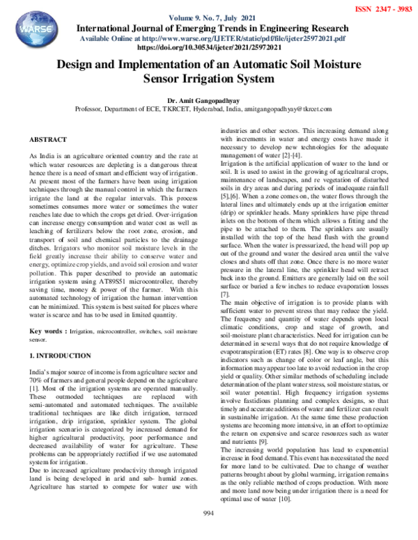 (PDF) Design and Implementation of an Automatic Soil Moisture Sensor ...