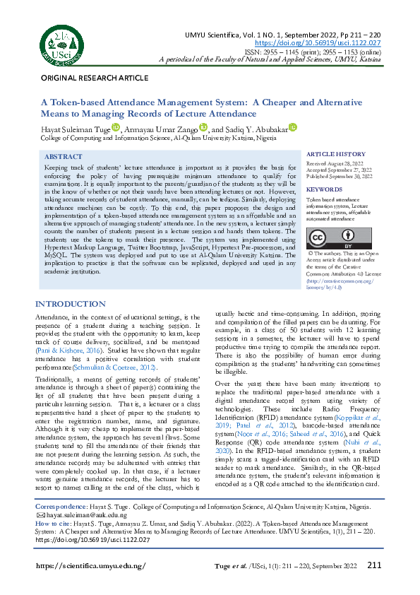 (PDF) A Token-based Attendance Management System: A Cheaper and Alternative Means to Managing ...