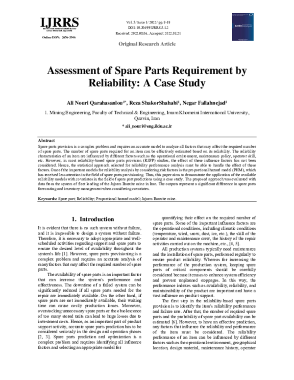 (PDF) Assessment of Spare Parts Requirement by Reliability: A Case Study