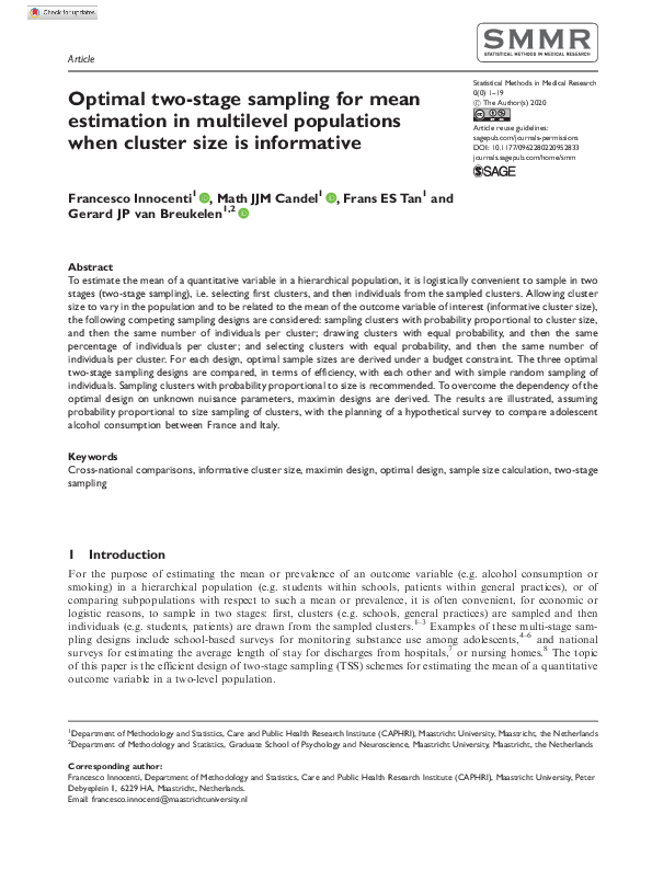 (PDF) Optimal two-stage sampling for mean estimation in multilevel populations when cluster size ...
