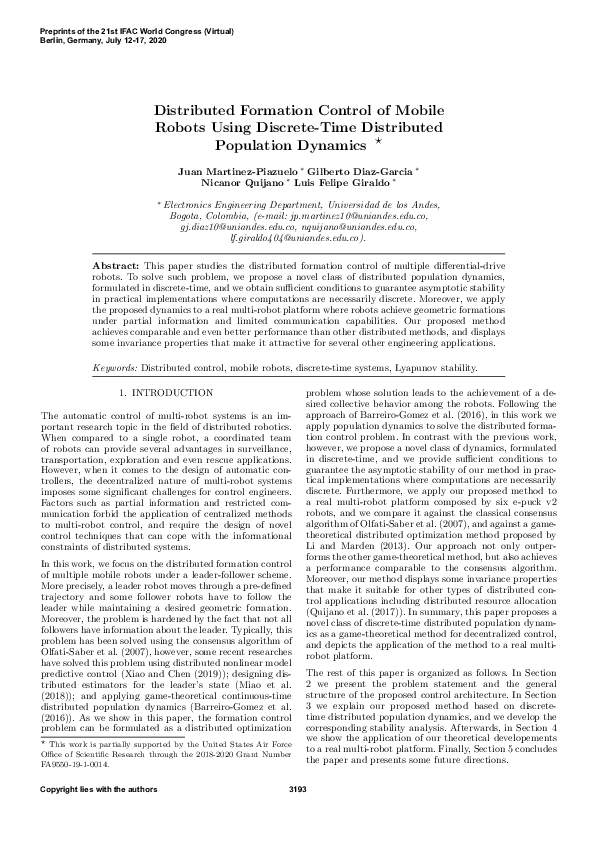 (PDF) Distributed Formation Control of Mobile Robots Using Discrete-Time Distributed Population ...