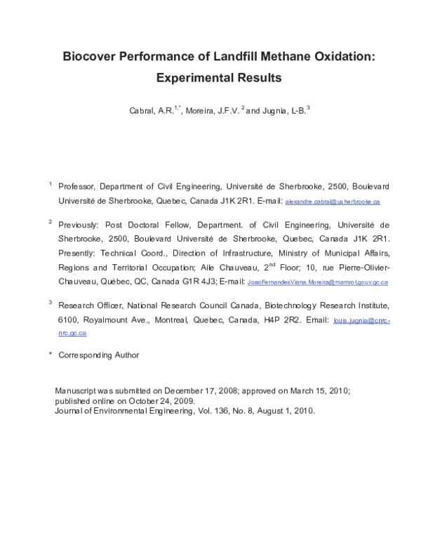 (PDF) Biocover Performance of Landfill Methane Oxidation: Experimental ...