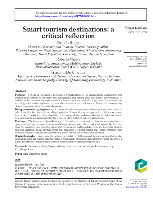 (PDF) Smart tourism destinations: a critical reflection