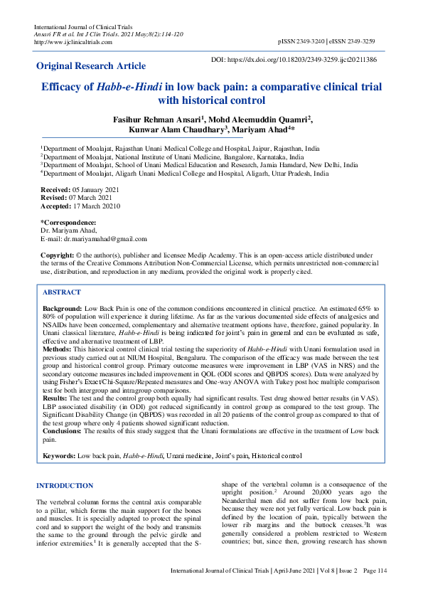 (PDF) Efficacy of Habb-e-Hindi in low back pain: a comparative clinical trial with historical ...