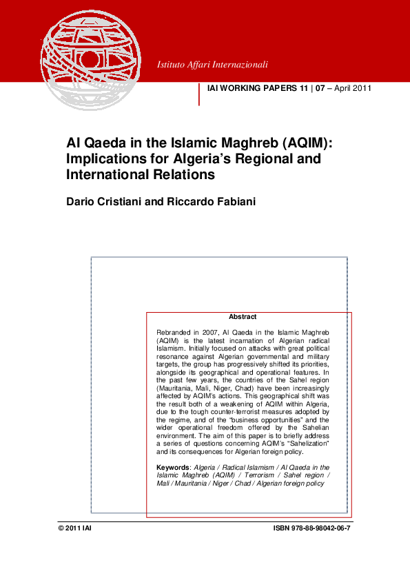 (PDF) Al Qaeda in the Islamic Maghreb (AQIM): Implications for Algeria ...