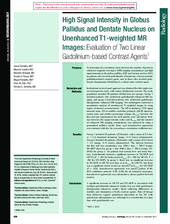 (PDF) High Signal Intensity in Globus Pallidus and Dentate Nucleus on ...