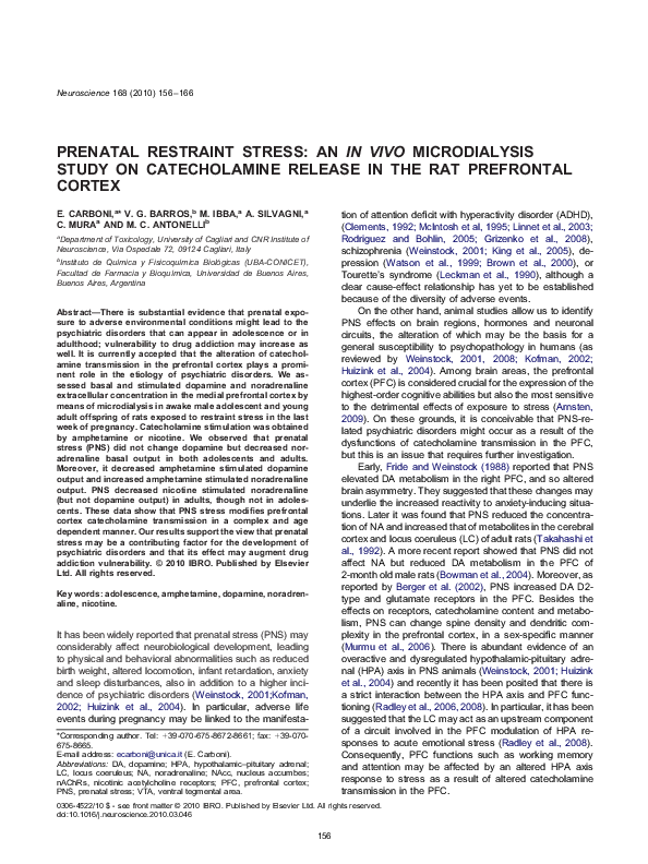 (PDF) Prenatal restraint stress: an in vivo microdialysis study on ...