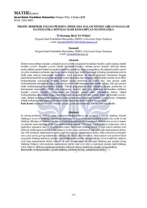 (PDF) The Pseudo Thinking Profile of Senior High School Students In Solving Mathematical ...
