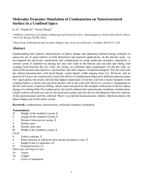 (PDF) Molecular dynamics simulation of condensation on nanostructured surface in a confined space
