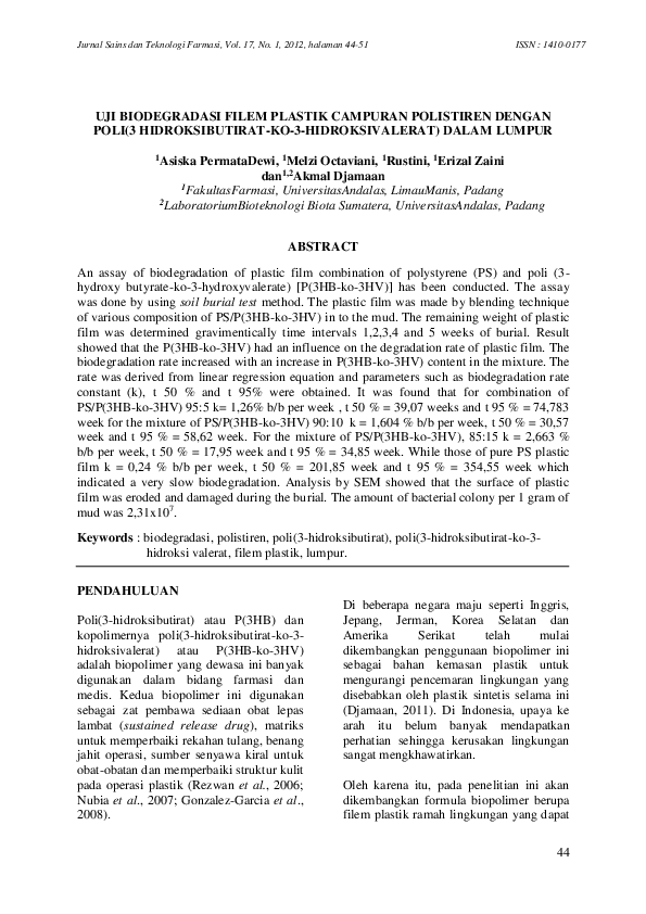 Uji Biodegradasi Filem Plastik Campuran Polistiren Dengan POLI(3 ...