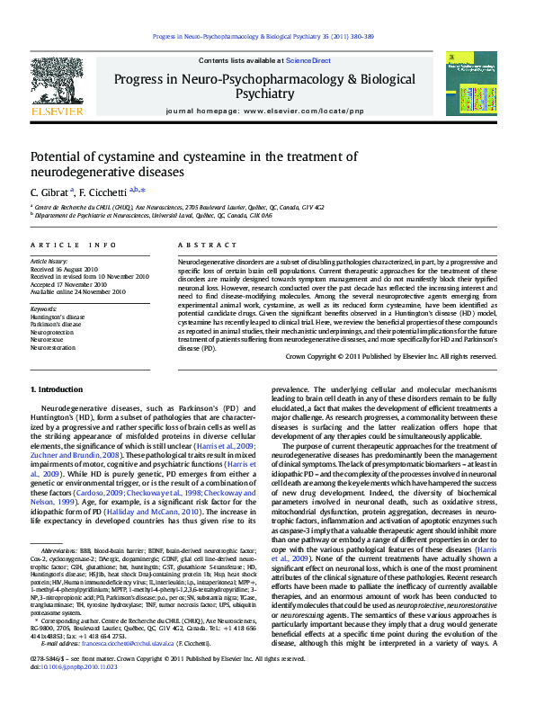 (PDF) Potential of cystamine and cysteamine in the treatment of ...