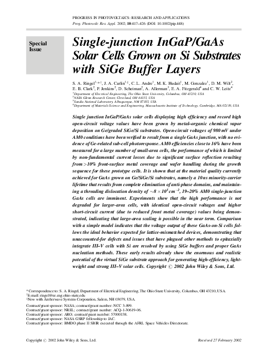 (PDF) Single-junction InGaP/GaAs solar cells grown on Si substrates ...