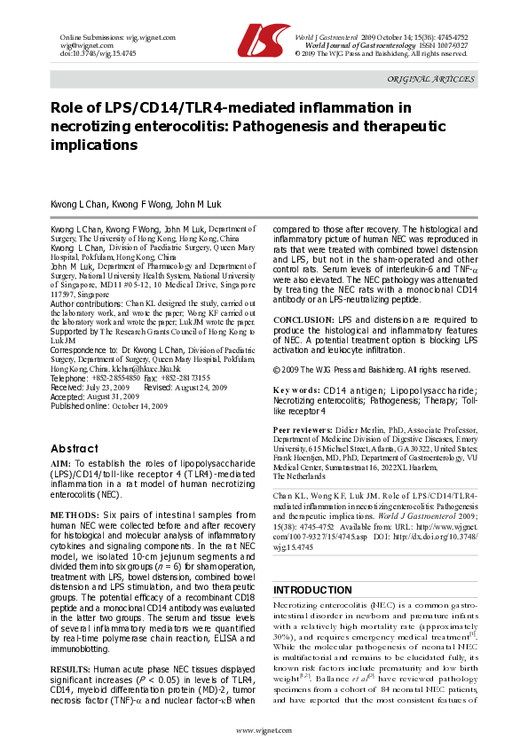 (PDF) Role of LPS/CD14/TLR4-mediated inflammation in necrotizing ...