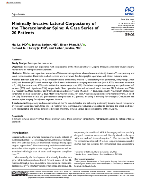 (PDF) Minimally Invasive Lateral Corpectomy of the Thoracolumbar Spine ...