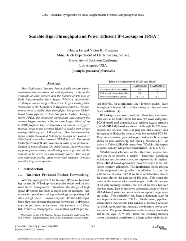 Pdf Scalable High Throughput And Power Efficient Ip Lookup On Fpga