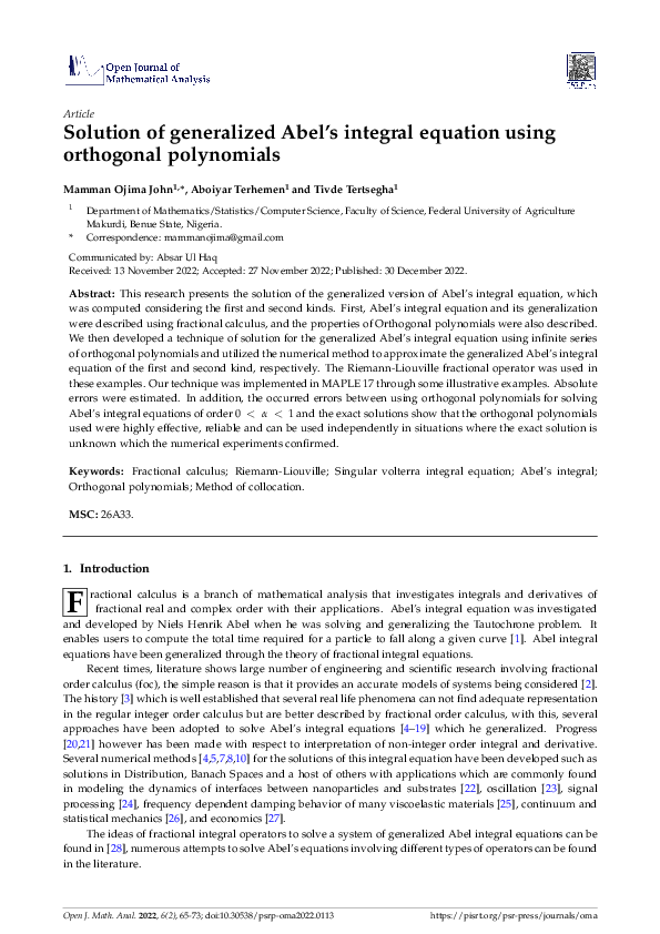 (PDF) Solving Generalized Abel's Integral Equation