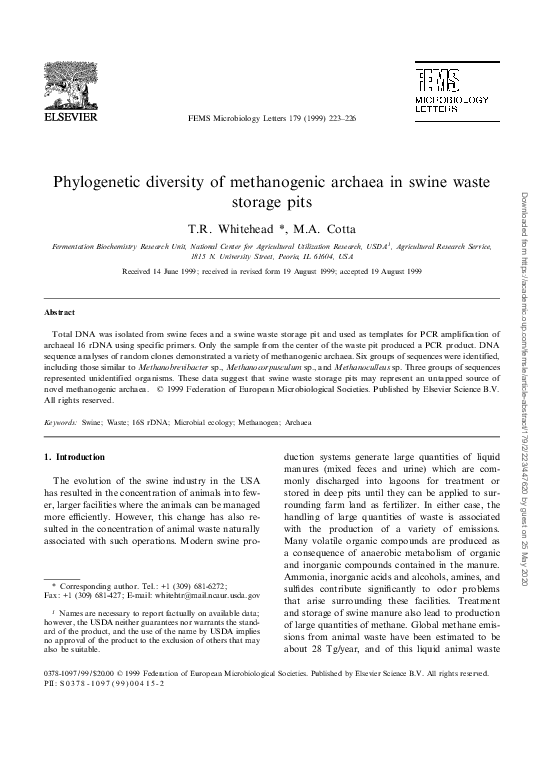 (PDF) Phylogenetic diversity of methanogenic archaea in swine waste ...