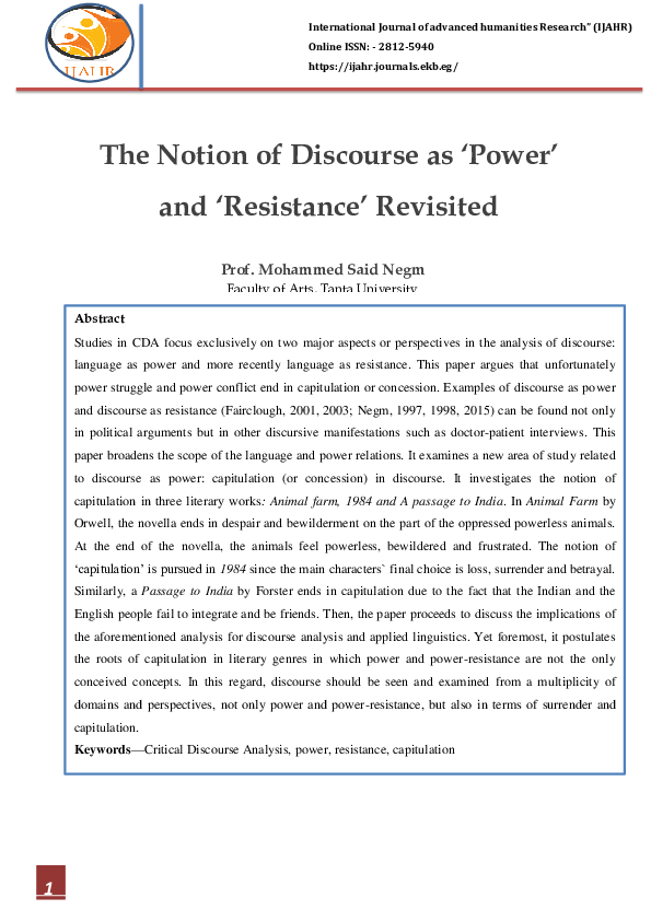 (PDF) The Notion of Discourse as ‘Power’ and ‘Resistance’ Revisited