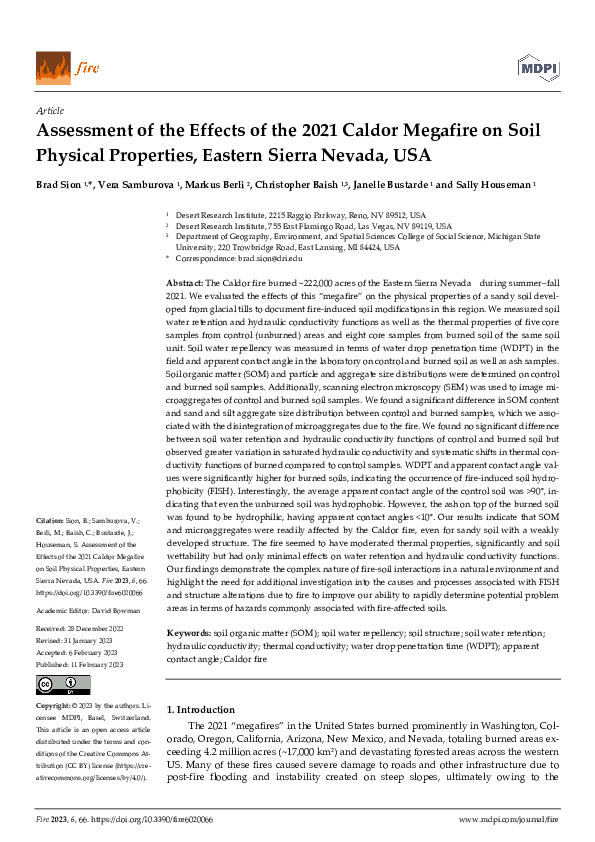 (PDF) Assessment of the Effects of the 2021 Caldor Megafire on Soil Physical Properties, Eastern ...