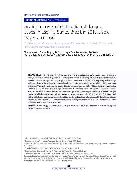(PDF) Spatial analysis of distribution of dengue cases in Espírito Santo, Brazil, in 2010: use ...