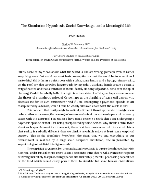 (PDF) The Simulation Hypothesis, Social Knowledge, and a Meaningful ...