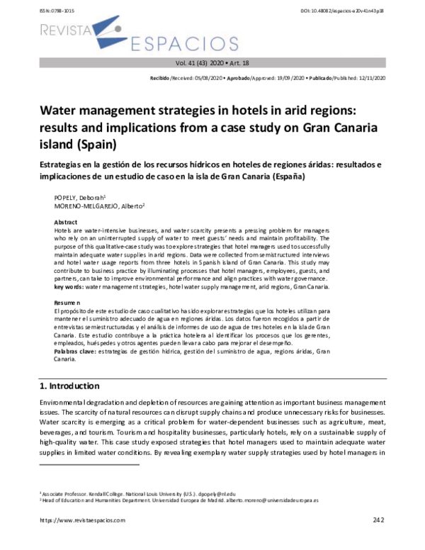 (PDF) Water management strategies in hotels in arid regions: results and implications from a ...