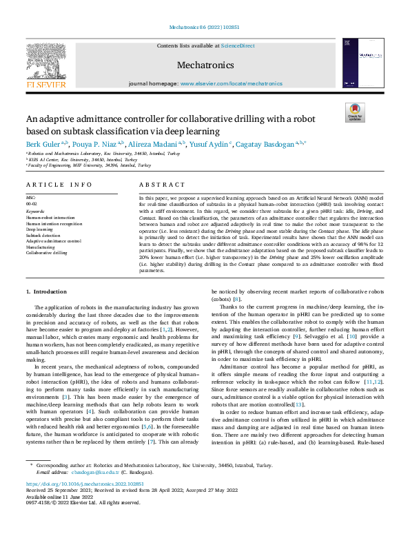 Pdf An Adaptive Admittance Controller For Collaborative Drilling With A Robot Based On Subtask 8193