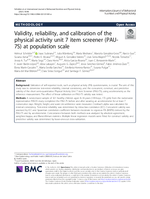 (PDF) Validity, reliability, and calibration of the physical activity unit 7 item screener (PAU ...
