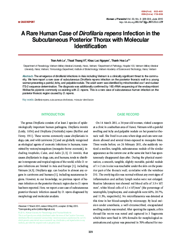 A Rare Human Case of Dirofilaria repens Infection in the Subcutaneous ...