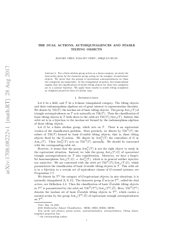 (PDF) The dual actions, autoequivalences and stable tilting objects