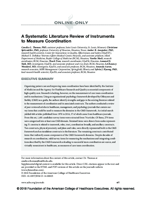 Pdf A Systematic Literature Review Of Instruments To Measure Coordination
