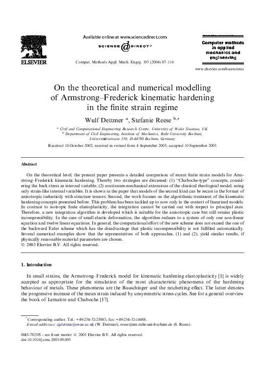 (PDF) On the theoretical and numerical modelling of Armstrong–Frederick ...