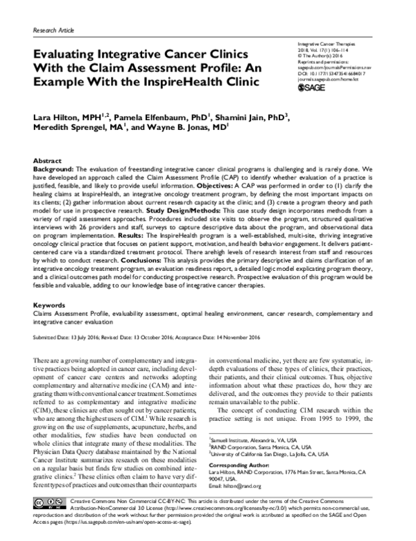 (PDF) Evaluating Integrative Cancer Clinics With the Claim Assessment ...