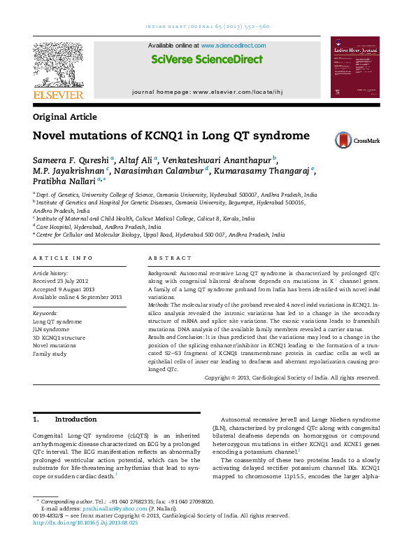 (PDF) Novel mutations of KCNQ1 in Long QT syndrome | Altaf Ali ...